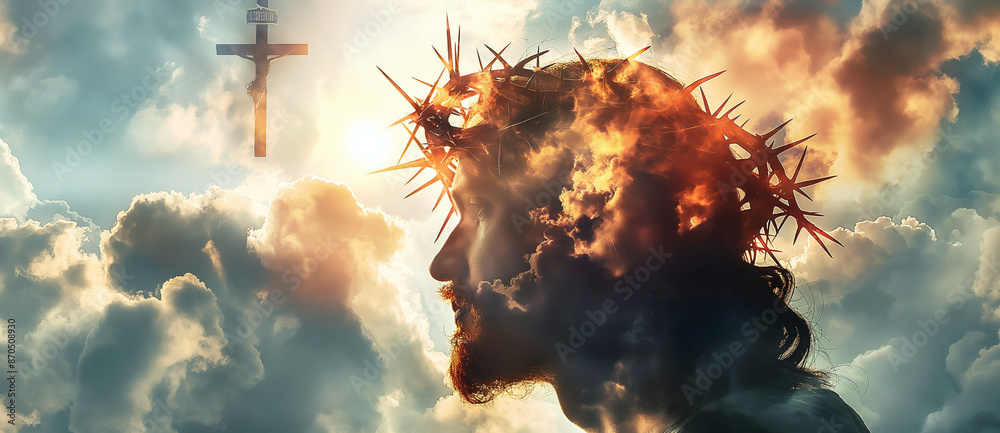 Jesus with crown of thorns and cross on his head, double exposure ...