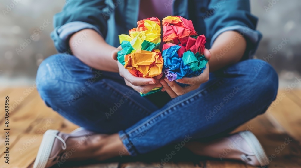 A person sits with their legs crossed, holding a colorful crumpled ...