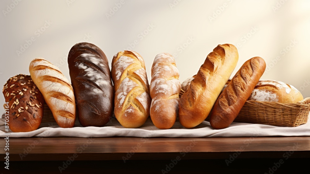 Assortment of baguette bread stacks on white background, isolated group ...