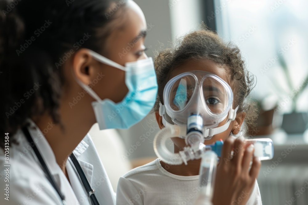 Pediatric asthma treatment with young patient using inhaler mask Stock ...