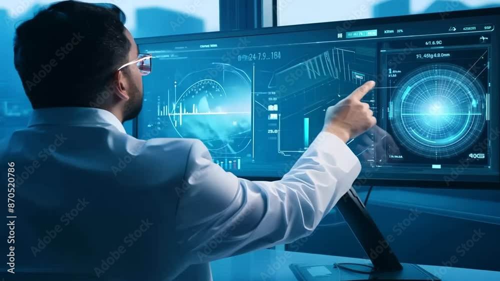 scientist analyzing a complex data set on dual monitors in a high-tech lab. The screens display ...