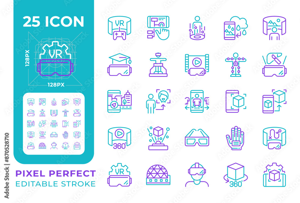 VR, AR two color line icons set. Virtual reality icons. AR app for ...