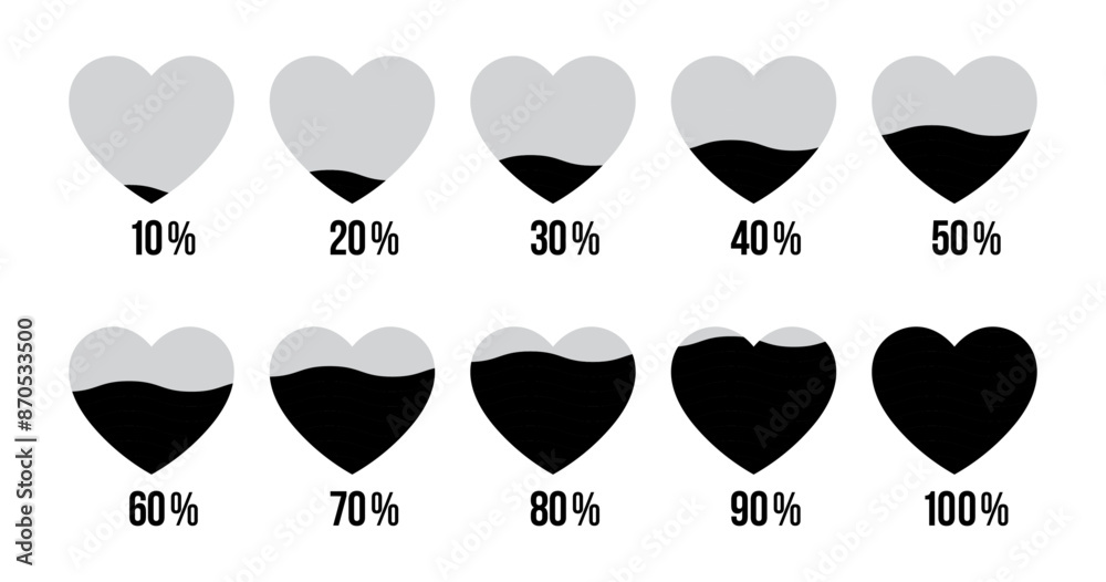 Heart loading progress infographic set with percentage in black and ...