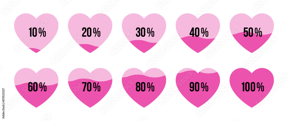 Heart loading progress infographic set with percentage in pink color ...