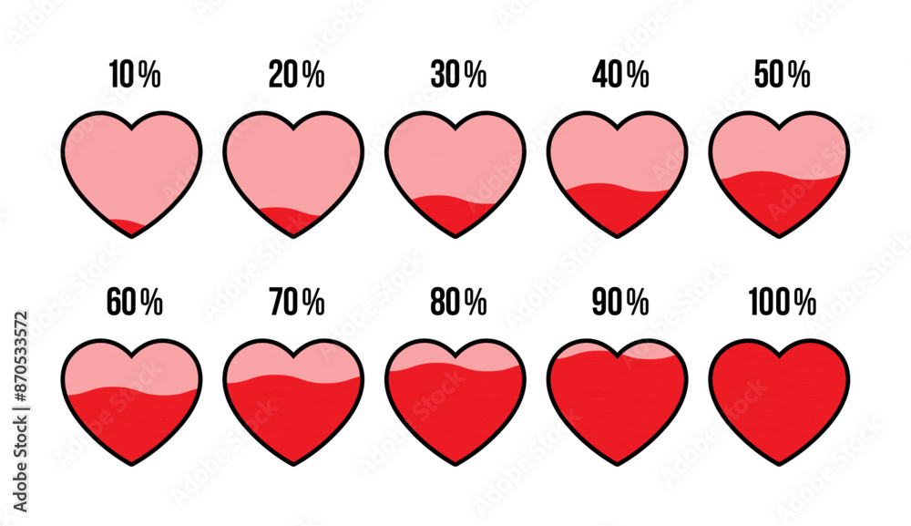 Heart loading infographics with outline percentage in red color. Set of ...