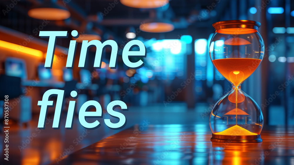 Time flies text next to hourglass on office background. Business ...