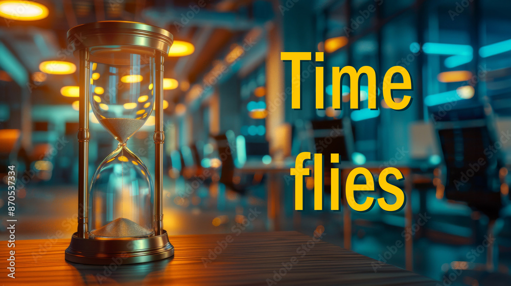 Time flies text next to hourglass on office background. Business ...