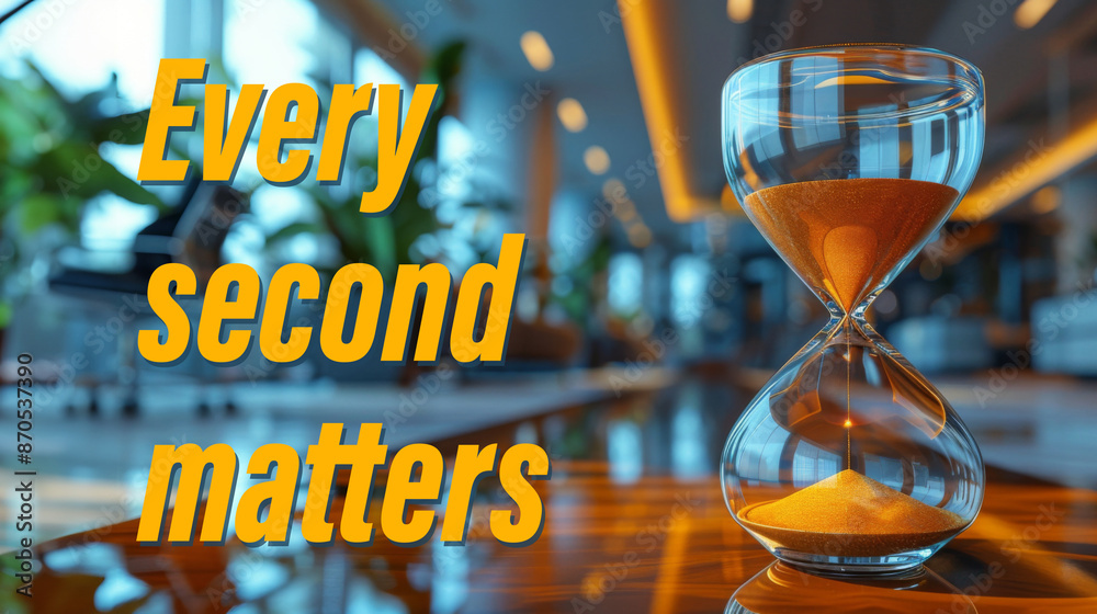 Every second matters text next to hourglass on office background ...