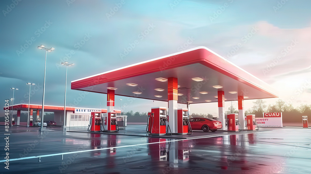 Red and white gas station, daylight octane render with bright colors ...
