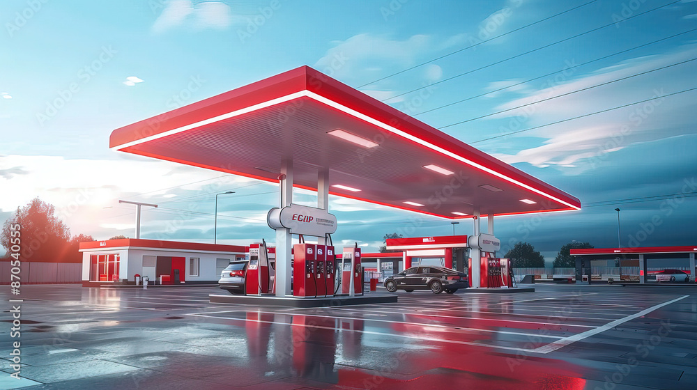 Red and white gas station, daylight octane render with bright colors ...