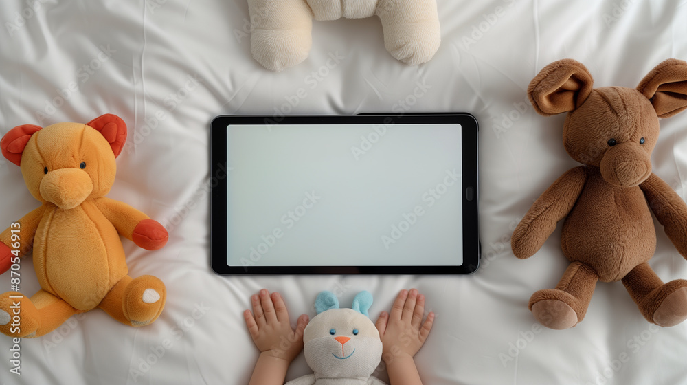 child with black tablet iPad pro horizontal with white blank screen ...