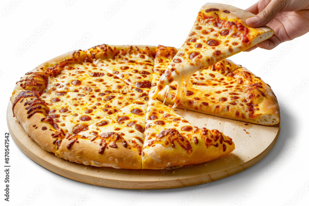 Porción de pizza cogida con la mano, de una pizza de queso y tomate ...