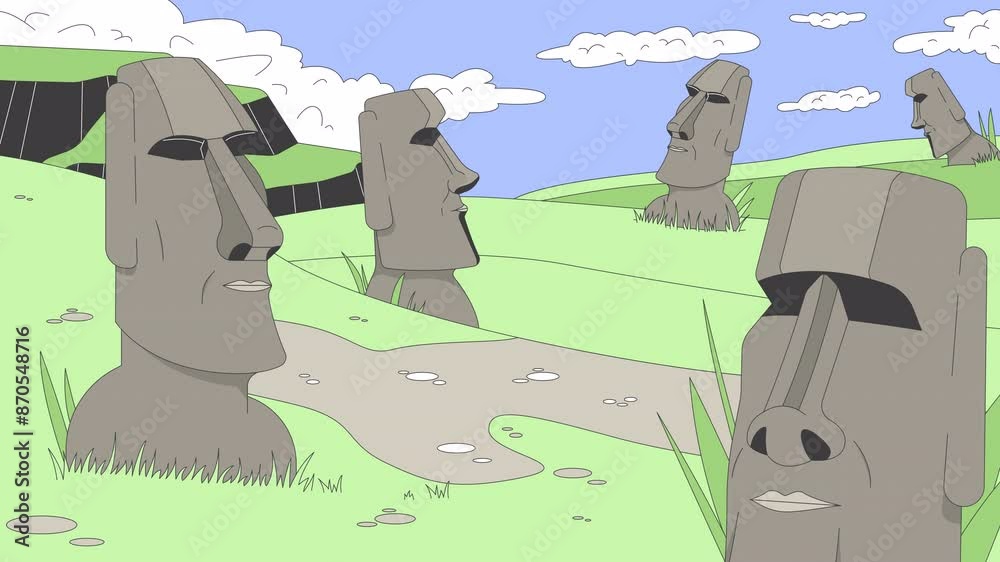 Easter island Moai statues line cartoon animation. Mysterious world ...