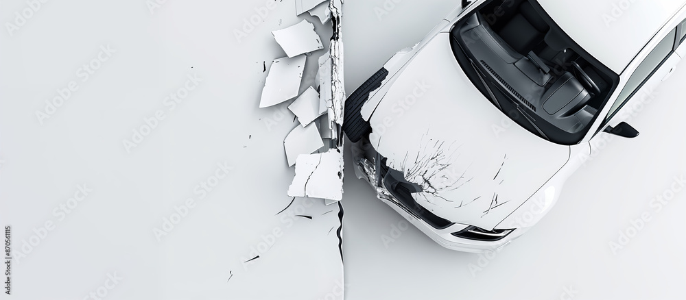 Top view of a white car after a collision with a wall, after colliding ...