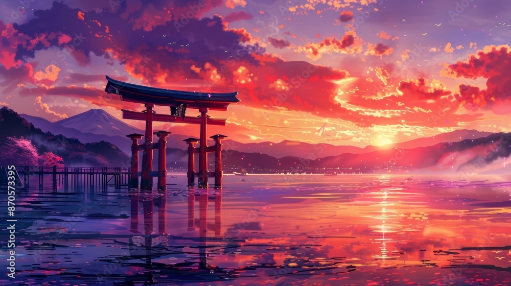 Great torii of Miyajima at sunset, japanese famous landmark near ...