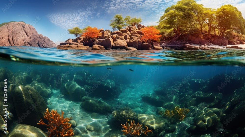 A close-up photo of the vibrant coral reefs and diverse marine life in ...