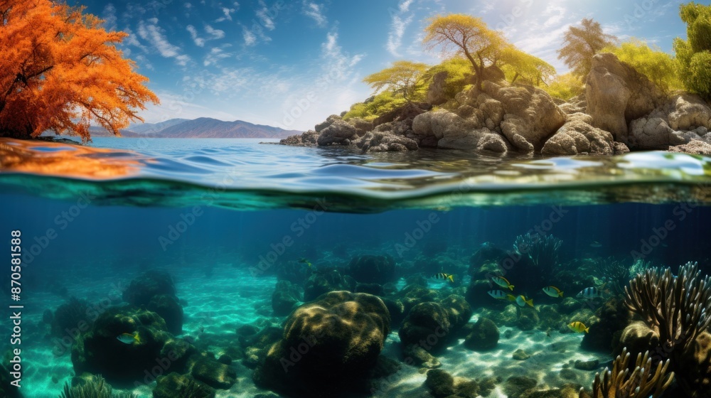 A close-up photo of the vibrant coral reefs and diverse marine life in ...