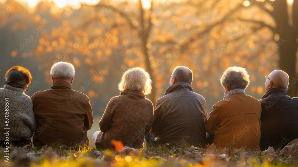 Old folks seniors elders sit in line on meadows grass field in lush ...