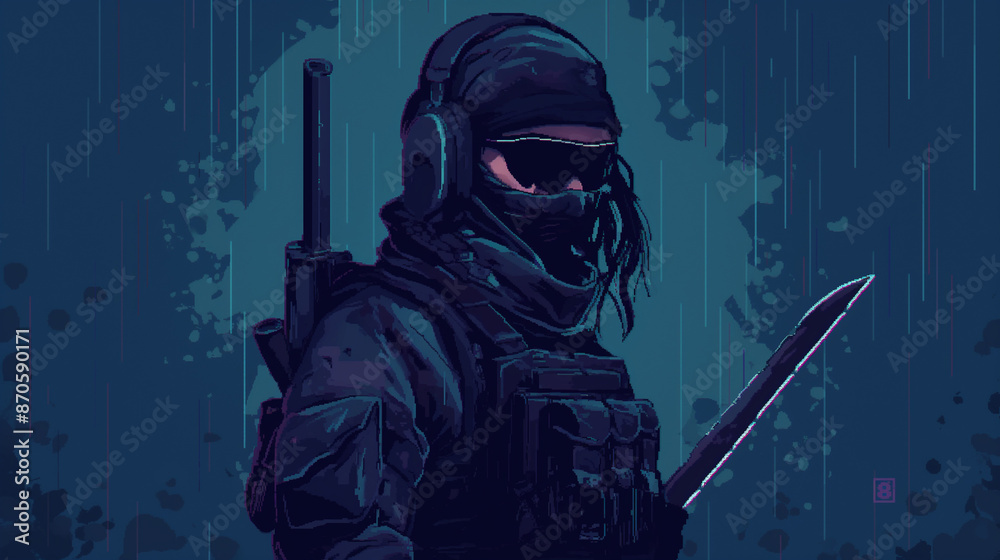 8 bit style illustration of a female soldier holding a knife in the ...