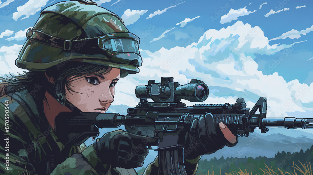 Female soldier aiming with rifle in 8 bit pixel art style Stock ...