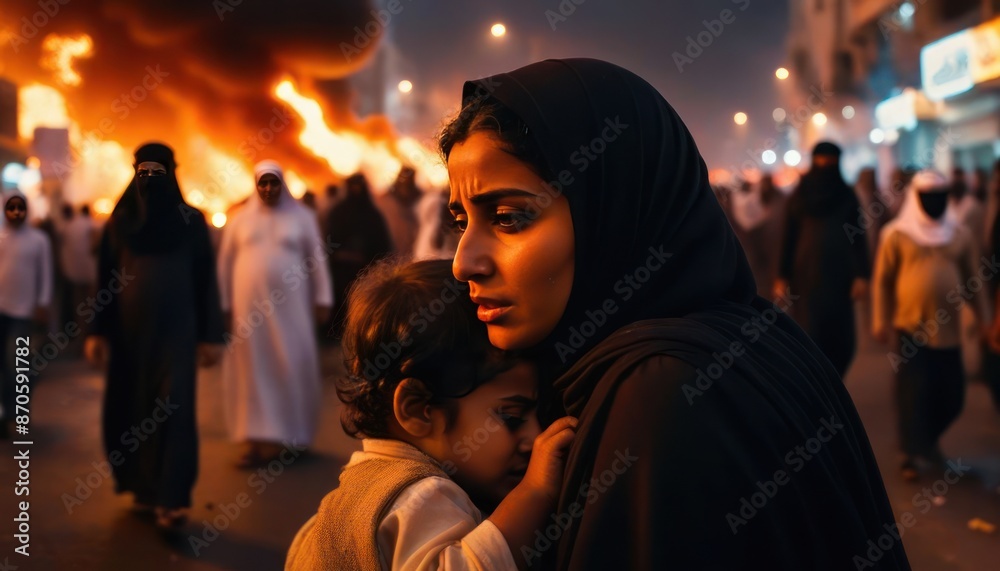Arabian sad woman with kid on chaotic street protest, scene is filled ...
