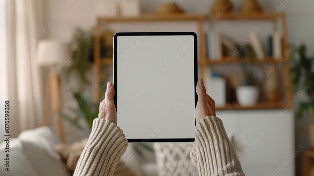 woman in a beige cardigan, standing in a cozy living room with a ...