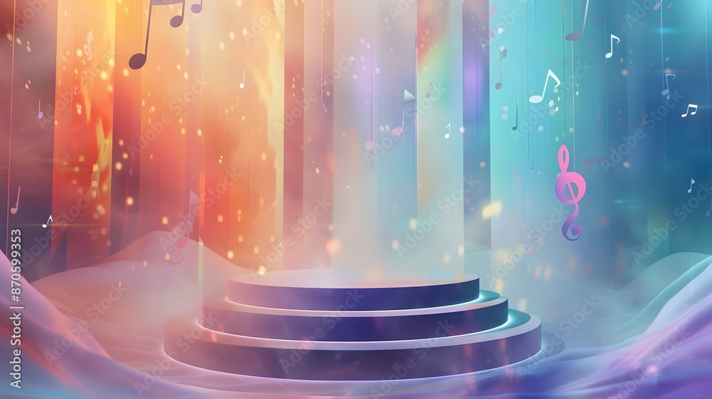 Abstract Music Stage with Glowing Lights and Musical Notes. Stock ...