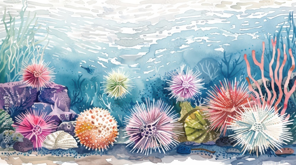 Vibrant watercolor painting of sea urchins in an underwater scene ...