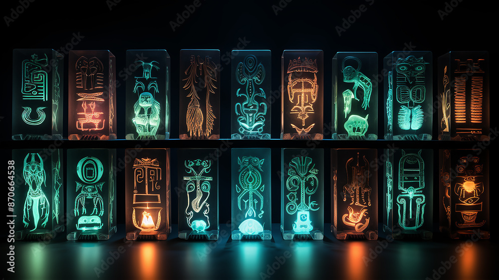 collection of runes, fictional icons of mystical magic, glowing set ...