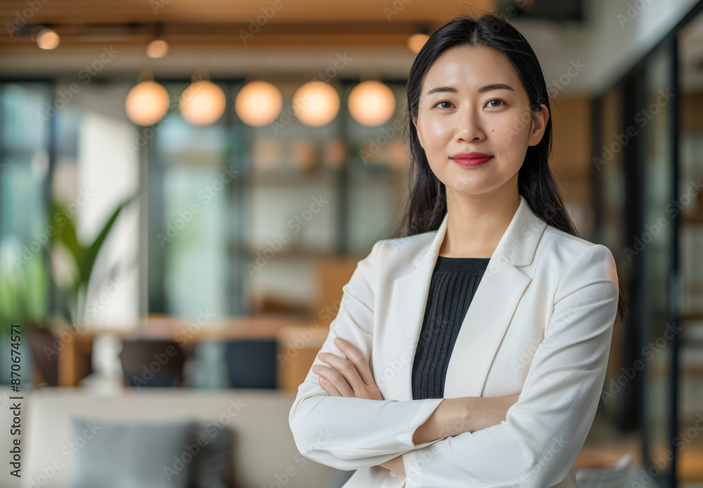 Professional Asian Woman in Modern Workspace. An Asian woman with long ...