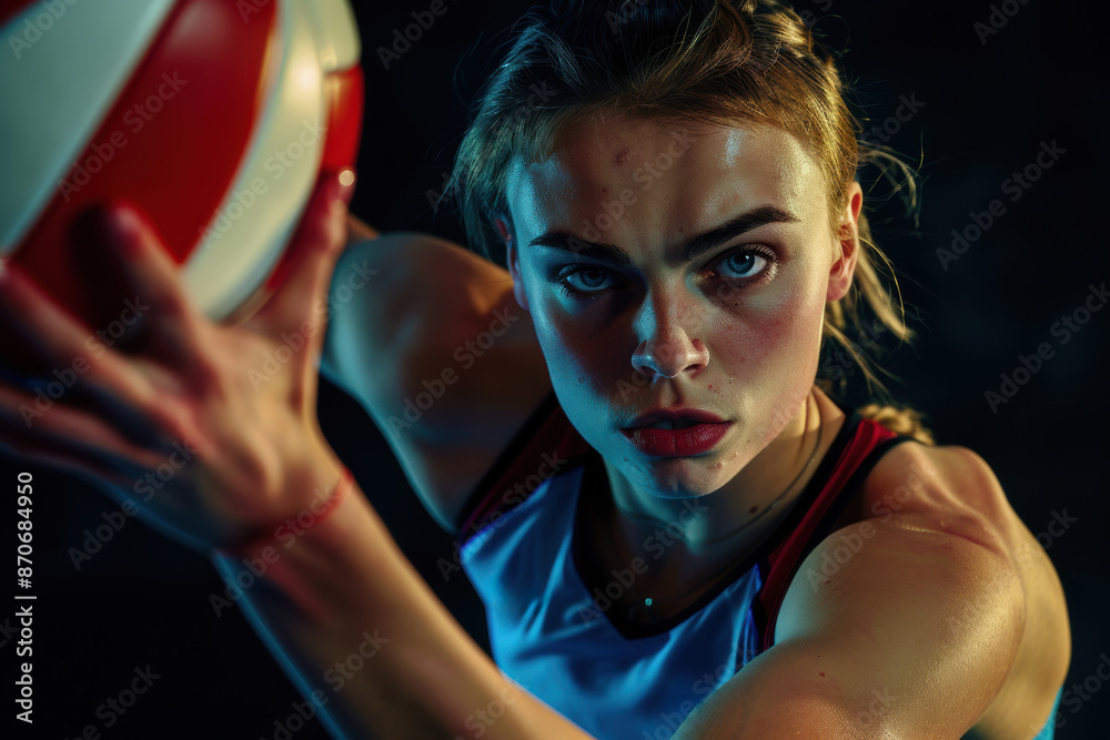 female volleyball player is shown holding a volleyball, with a serious ...