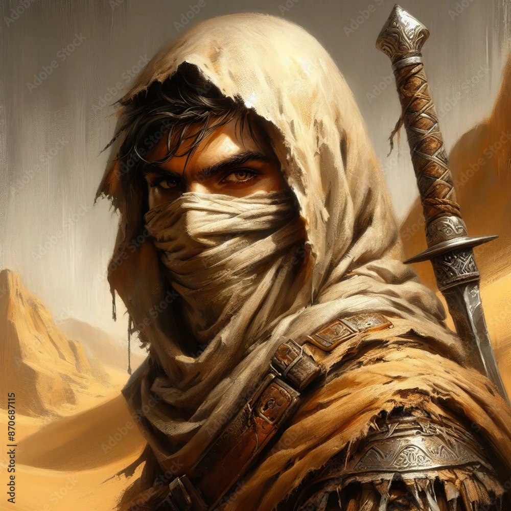 Desert bandit with scimitar in tattered sand-worn cloak Fantasy RPG ...