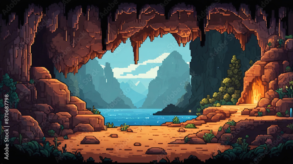 Pixel art game level design background, underground cave with ...