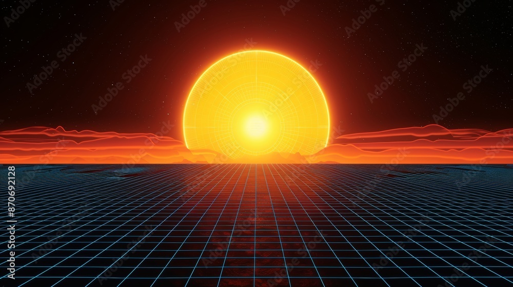 Future retro futuristic VHS tape video game intro landscape. Flight ...