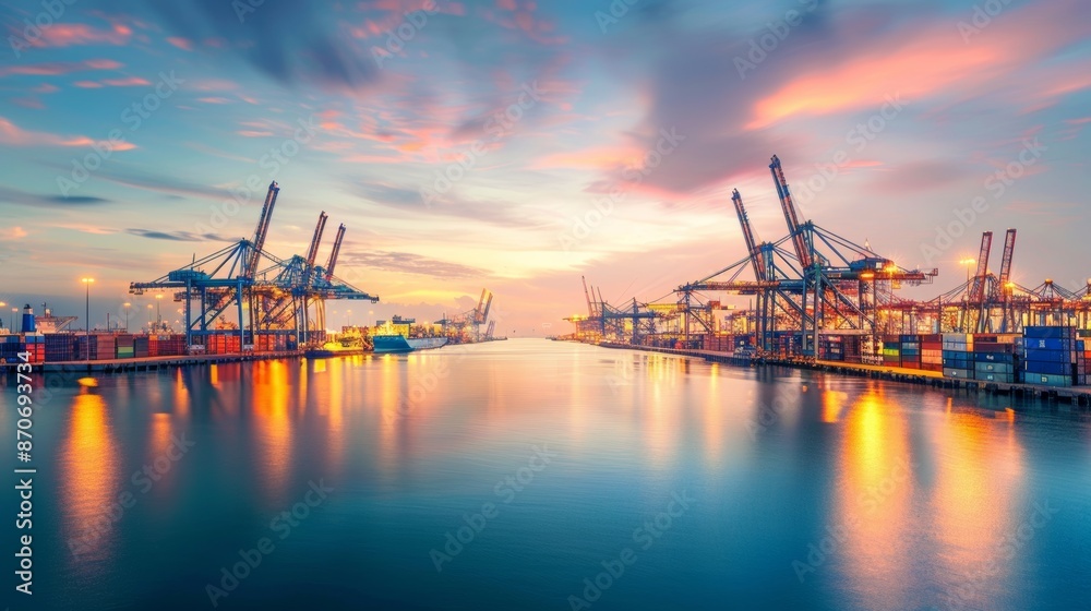 A sleek and modern harbor with cranes towering over orderly rows of ...