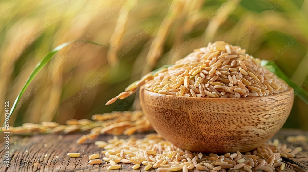 Closed up dry organic brown rice seed pile in wooden bowl over blur ...