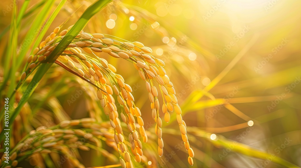 Rice field. Close up yellow rice seed ripe and green leaves on nature ...