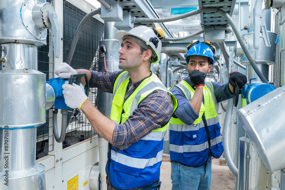 Engineer under checking the industry chilled water fan coil unit air ...