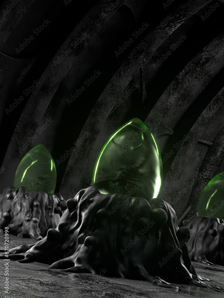 3d rendering of a mysterious alien eggs with a monstrous creature ...