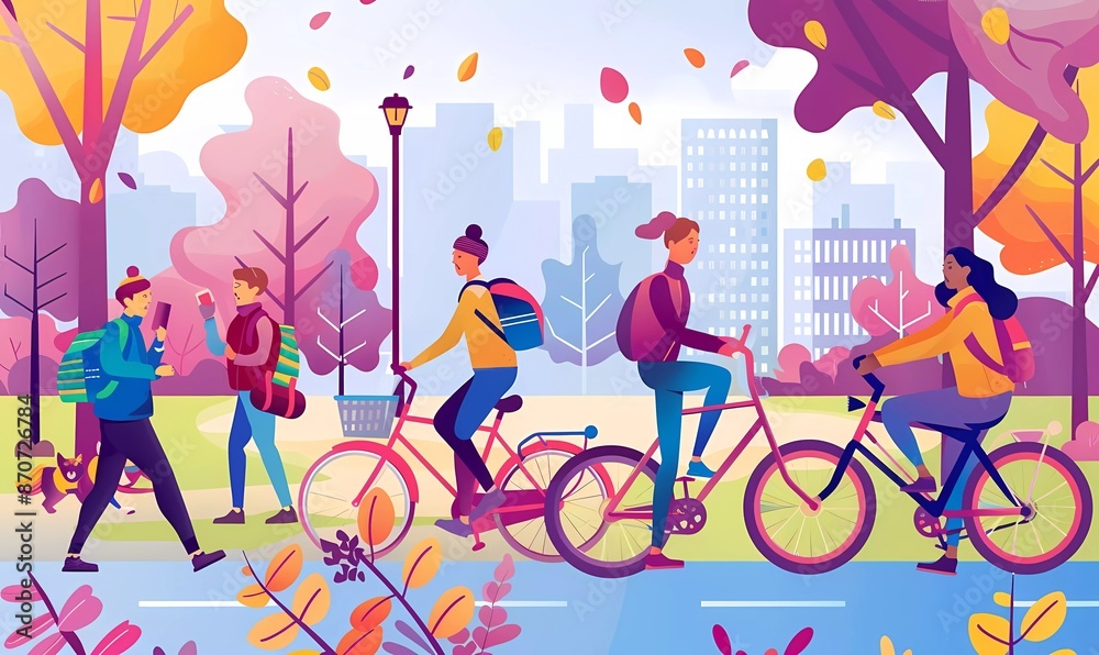 flat vector illustration of people walking, cycling and riding on ...
