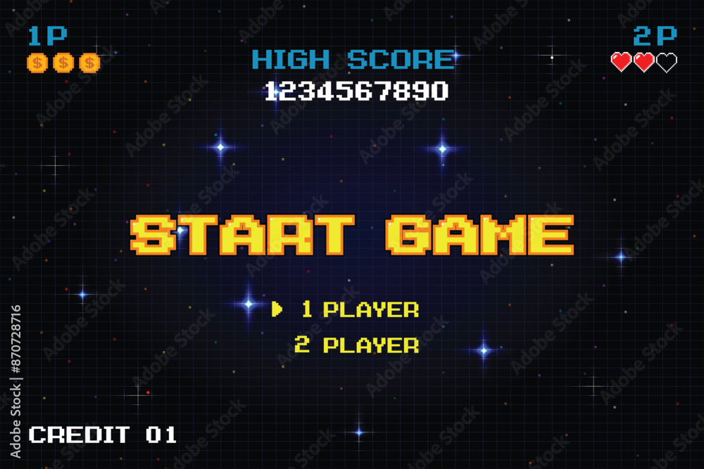 Start game, 1 player or 2 players. pixel art .8 bit game. retro game ...