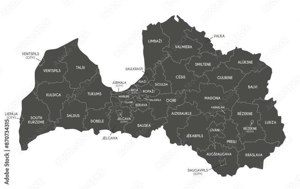 Vector regional map of Latvia with state cities and municipalities, and ...