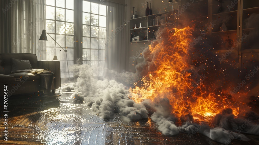 A simulation of an electrical fire caused by faulty wiring, with flames ...