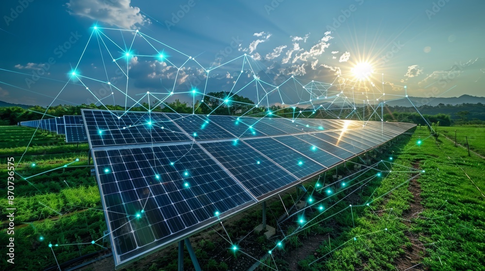 A striking image of a solar panel array under the bright sun, with ...