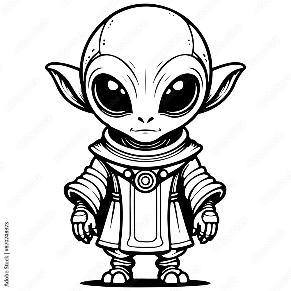 cartoon alien realistic, ink sketch of black silhouette outline ...