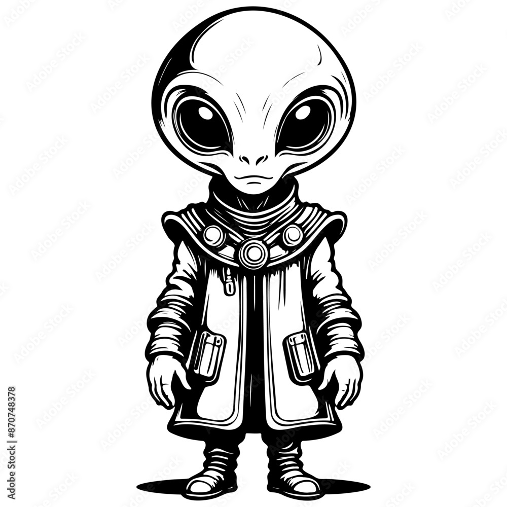 cartoon alien drawing, outline cartoon line, vector engraving with ...