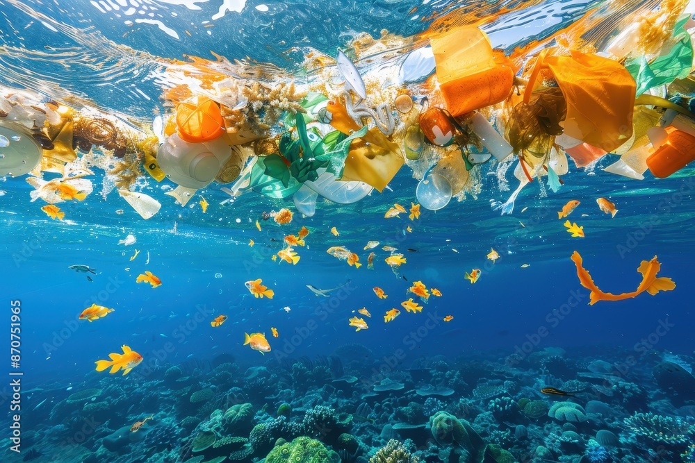 ภาพประกอบสต็อก Plastic pollution in ocean affecting marine life ...