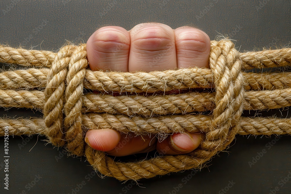 A tightly clenched fist wrapped with thick ropes, symbolizing restraint ...
