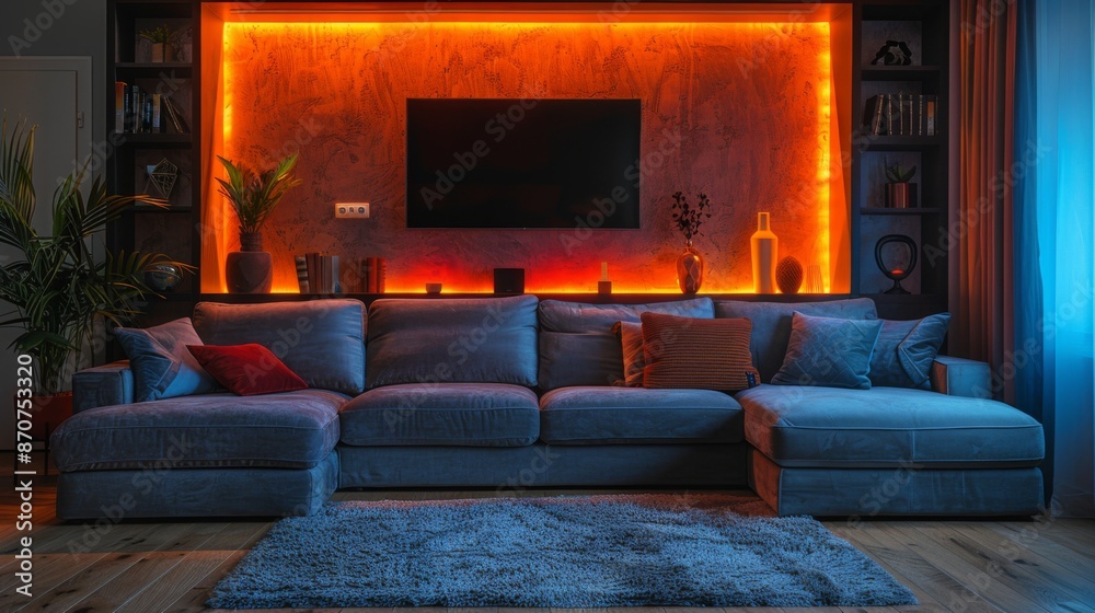 Create a modern living room with a statement sofa, a high-definition TV ...