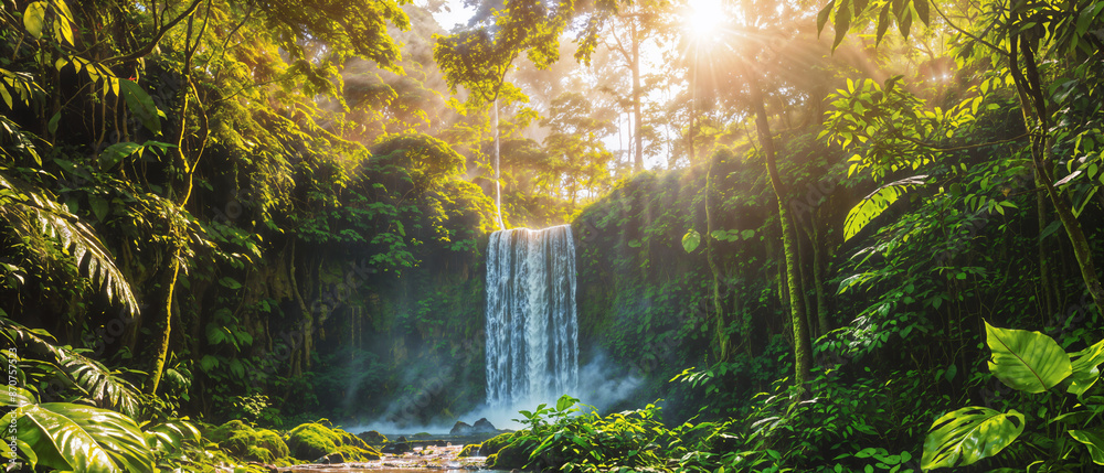 Tropical landscape, banner - view of a river with a waterfall in a ...